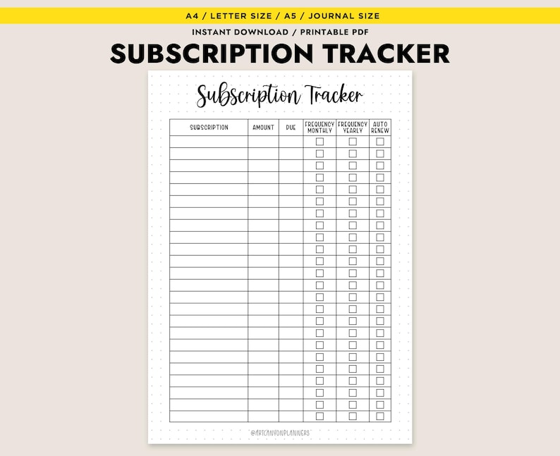Subscription Tracker Printable A4 Letter A5 Journal PDF Instant ...