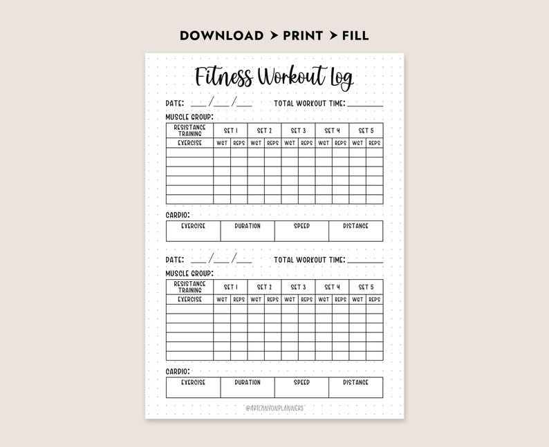 Fitness Workout Log Printable Resistance Cardio Tracker A4 A5 Letter ...