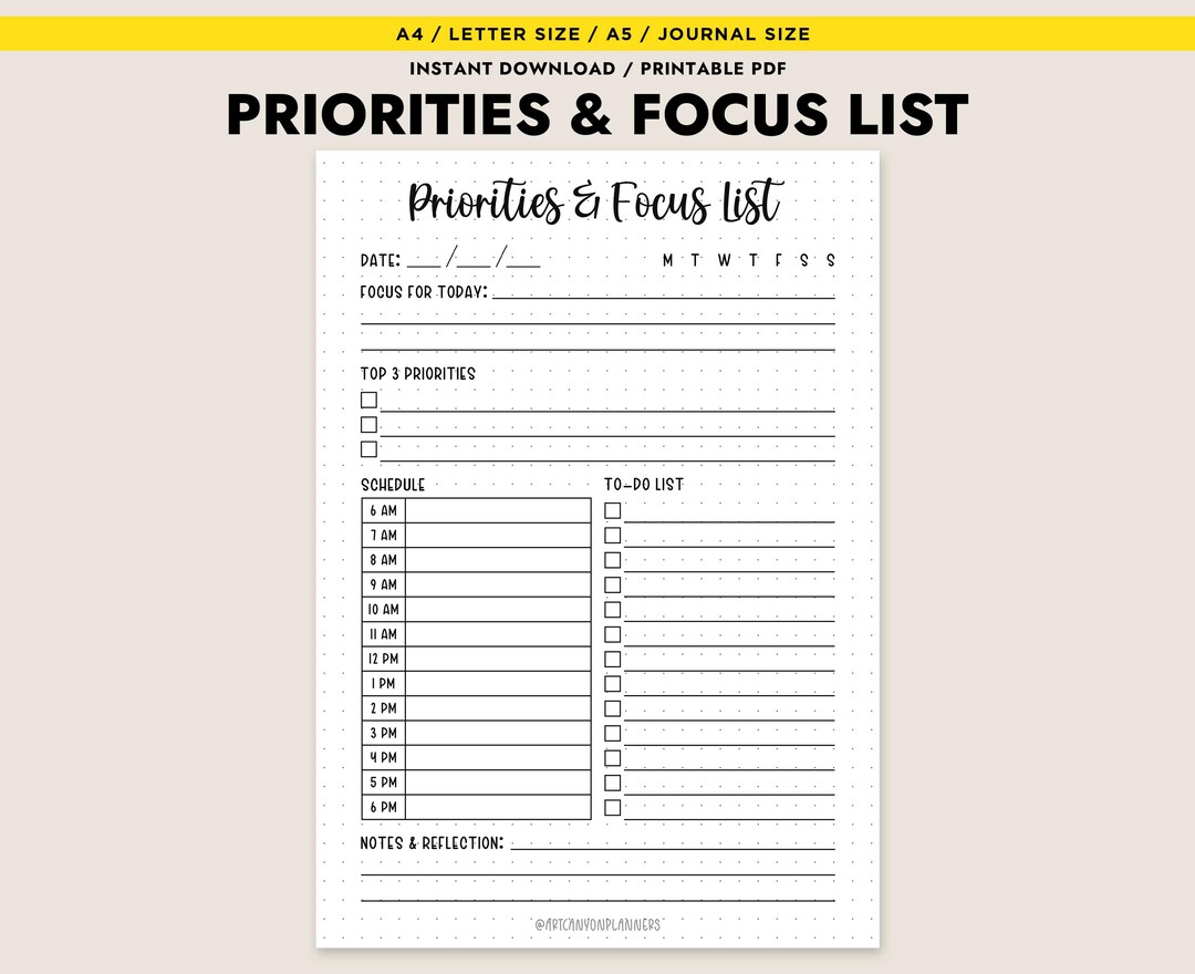 Priorities Focus List Planner Printable Daily Schedule to Do A4 A5 ...