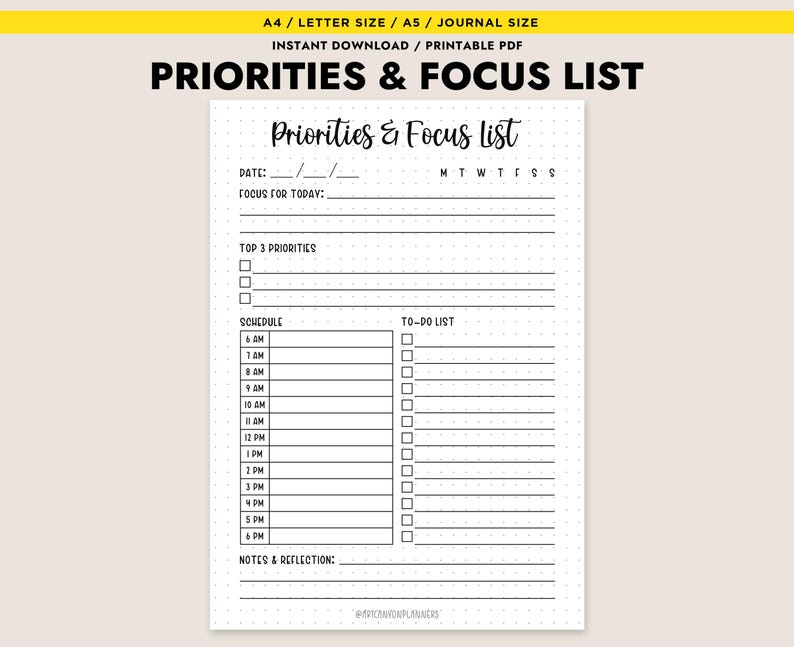 Priorities Focus List Planner Printable Daily Schedule to Do A4 A5 ...