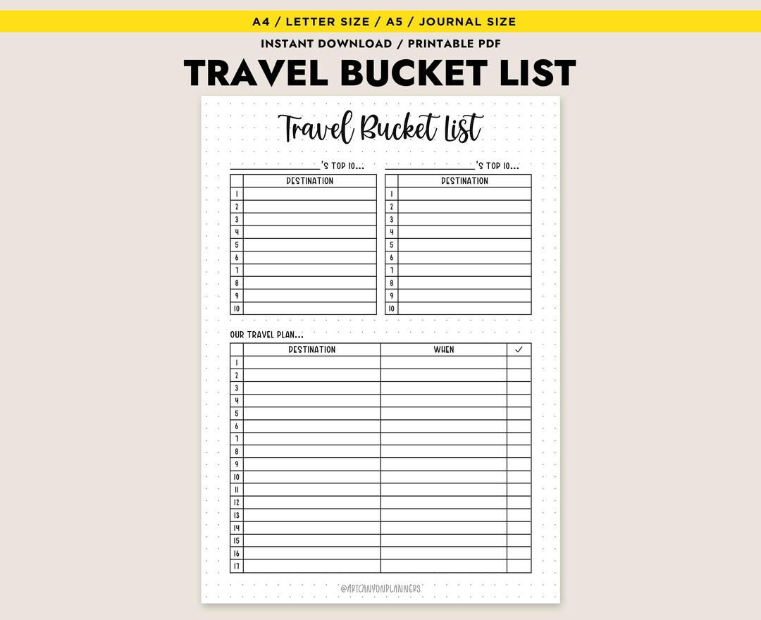 Printable Travel Bucket List Planner Digital Download - Etsy