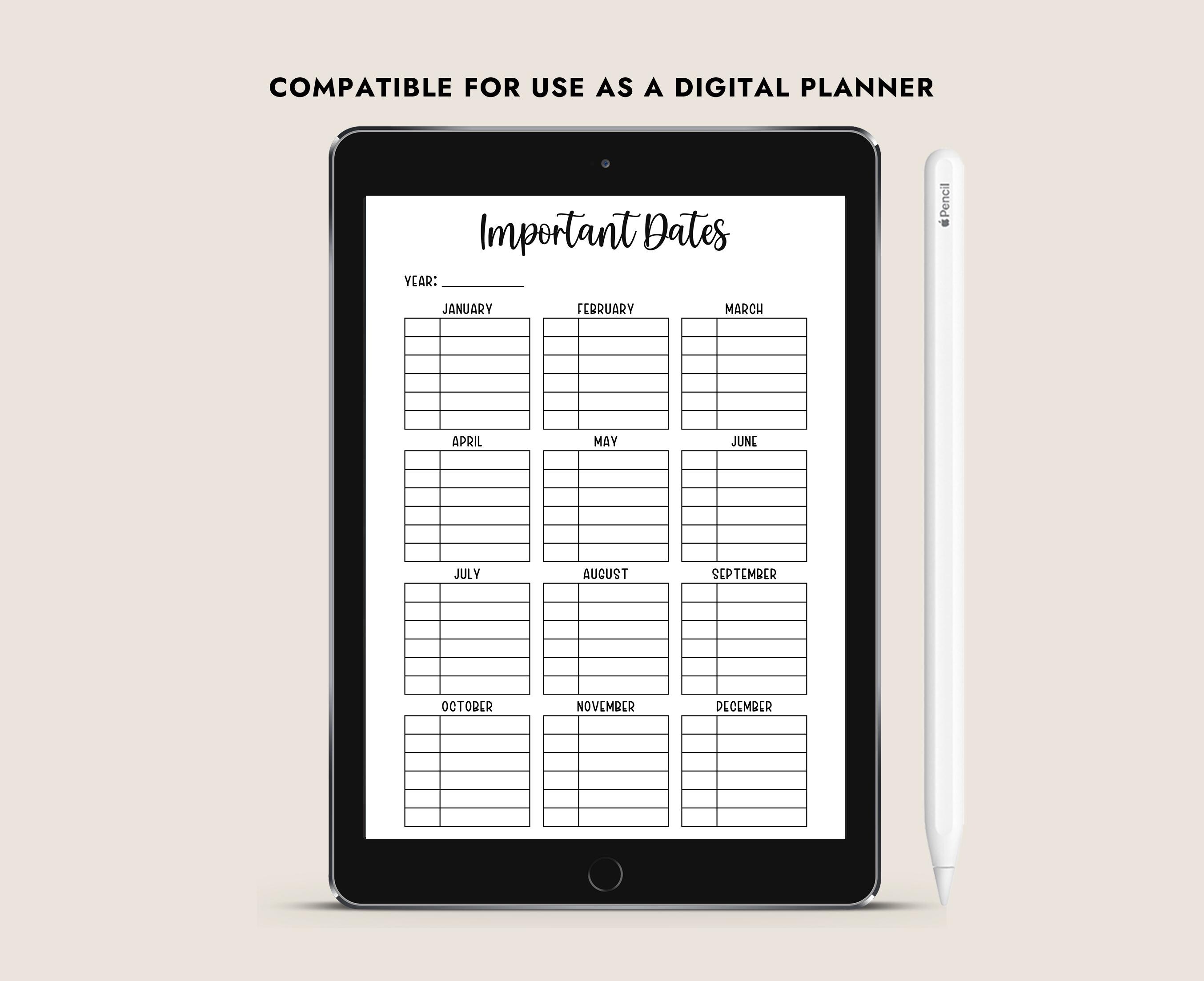 Printable Important Dates Yearly Tracker Annual Overview A4 Letter A5 ...