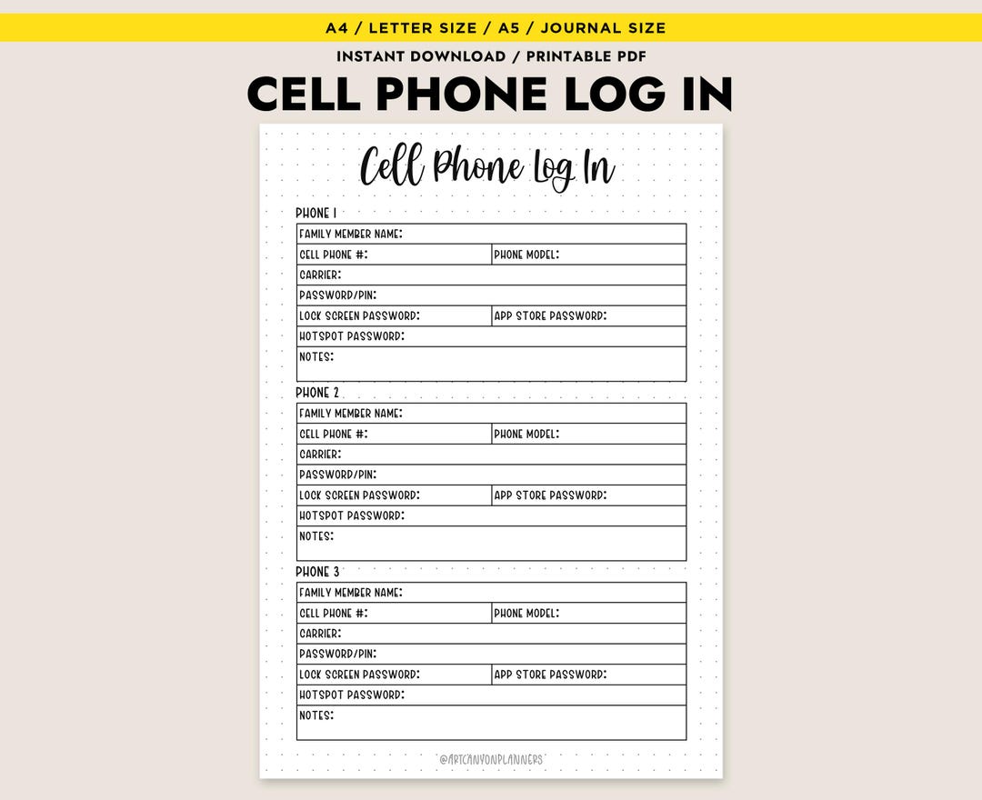 Cell Phone Log in Printable Password Tracker A4 A5 Letter Size Planner ...