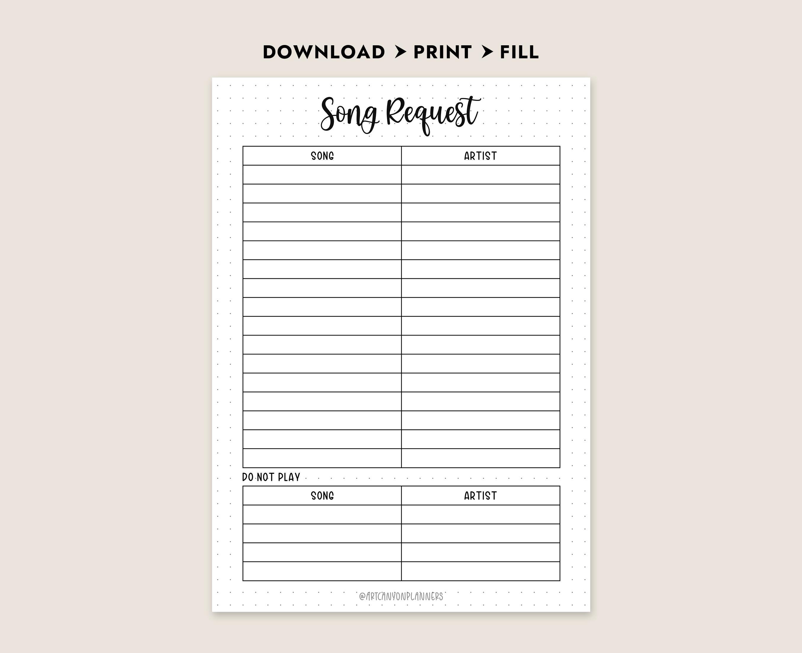 Song Request Form Printable Music Playlist Planner DJ Event Party ...