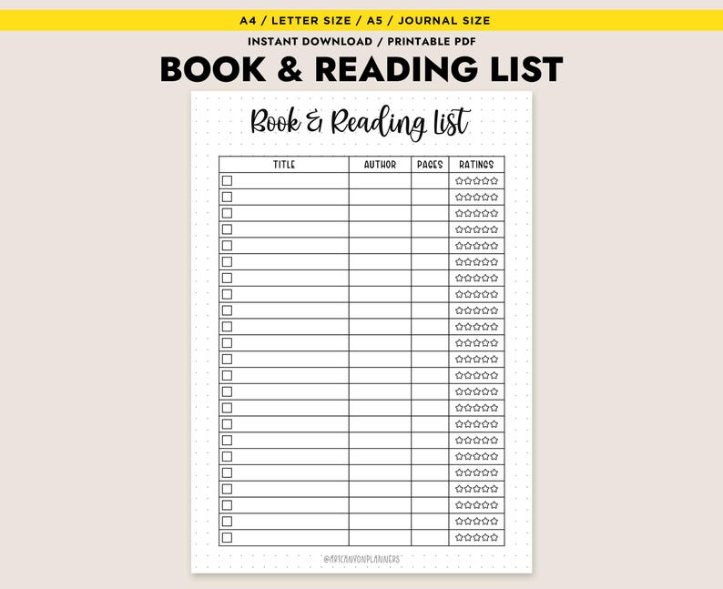Book Reading List Printable PDF Reading Log Tracker A4 A5 Letter Bullet ...
