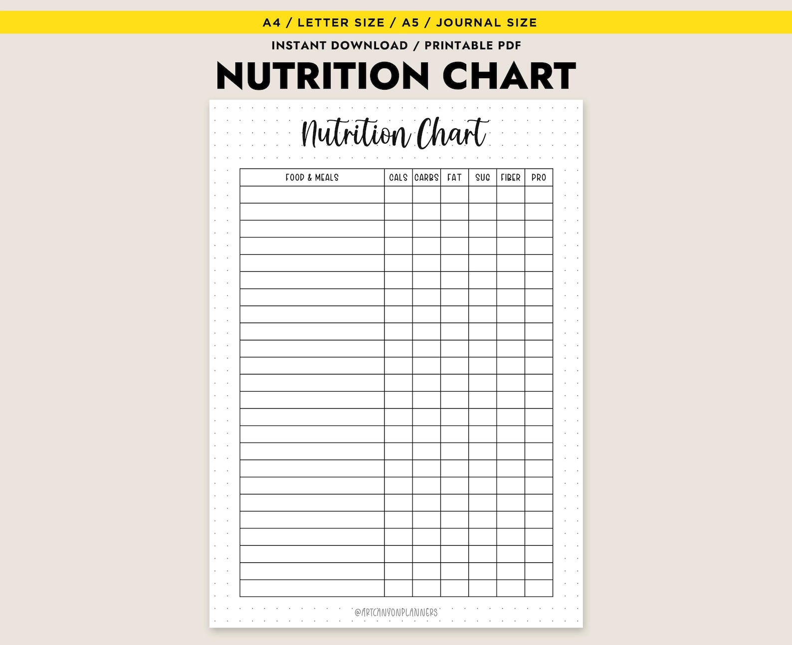 Nutrition Chart Printable Food Tracker Journal Insert PDF Instant ...