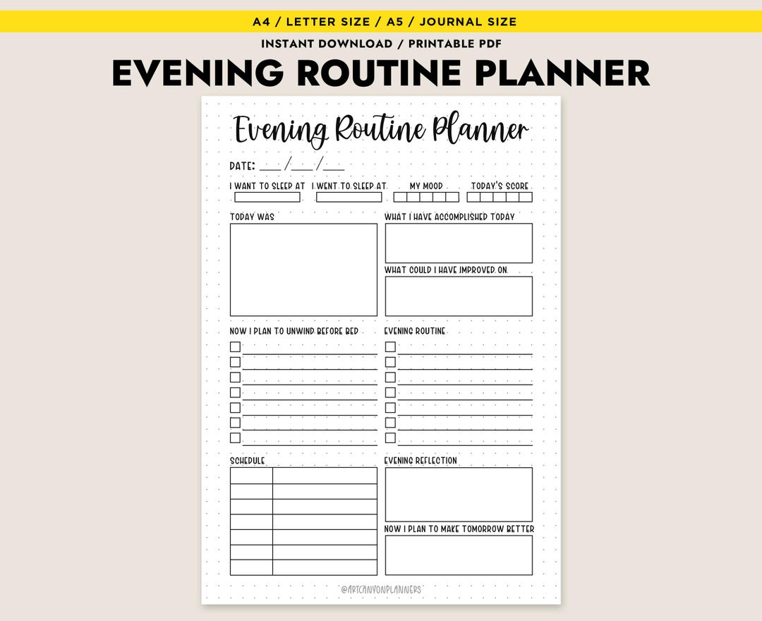 Printable Evening Routine Planner Nightly Reflection Journal Page A4 ...