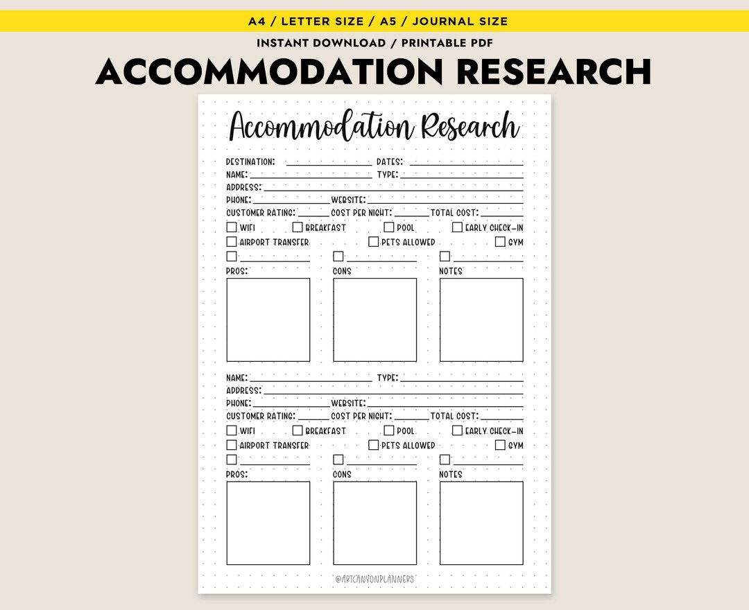 Printable Accommodation Research Sheet Hotel Comparison Template Travel ...