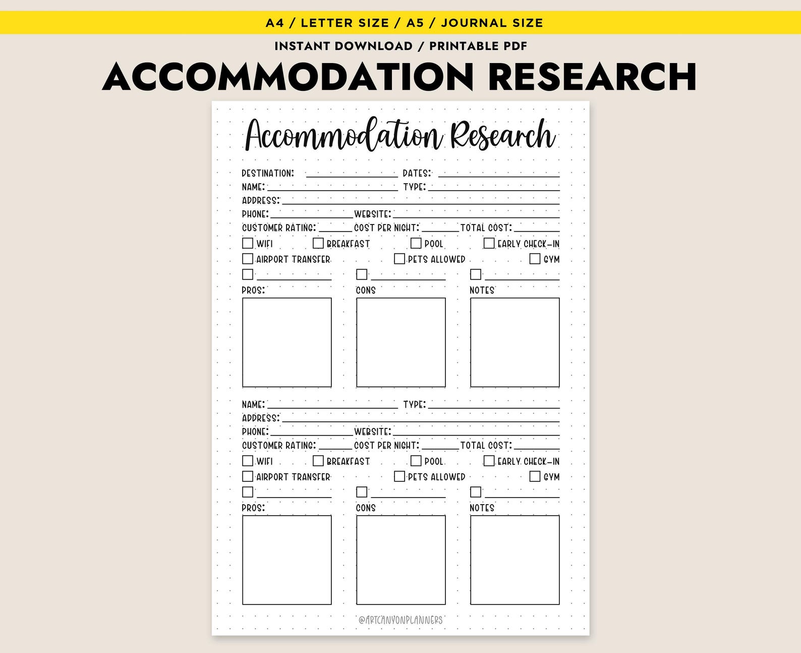Printable Accommodation Research Sheet Hotel Comparison Template Travel ...