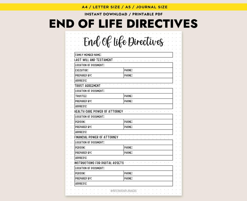 End of Life Planner Printable Directives Organizer Estate Planning ...