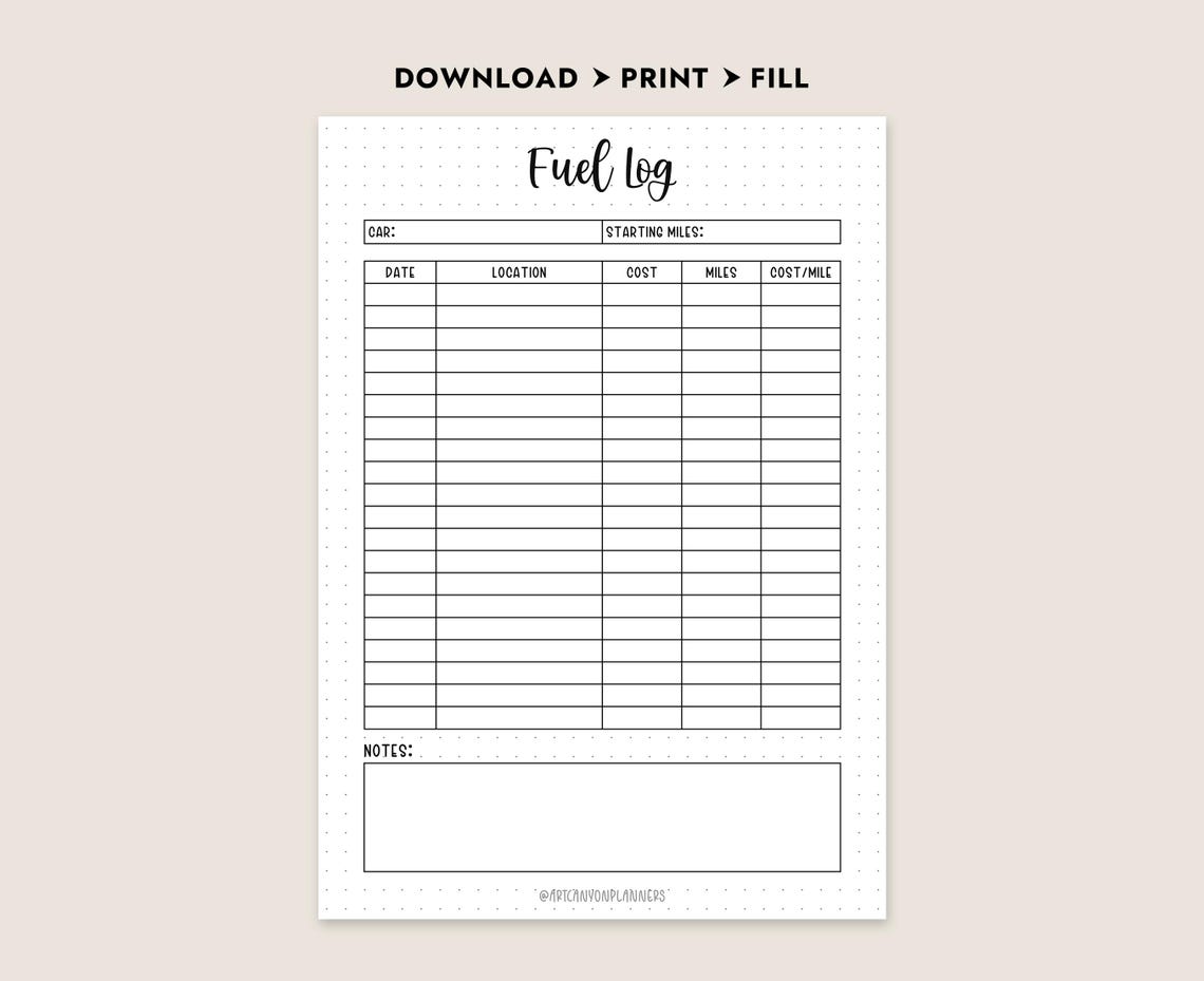 Printable Fuel Log A4/letter/a5 Gas & Mileage Tracker Car Maintenance ...