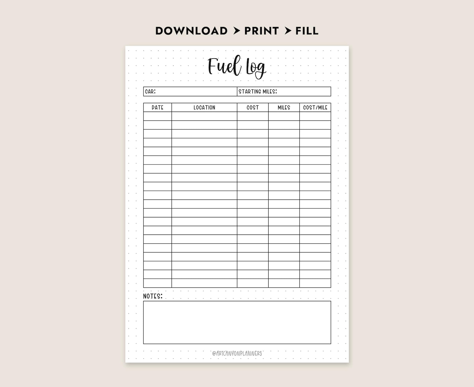 Printable Fuel Log A4/letter/a5 Gas & Mileage Tracker Car Maintenance ...