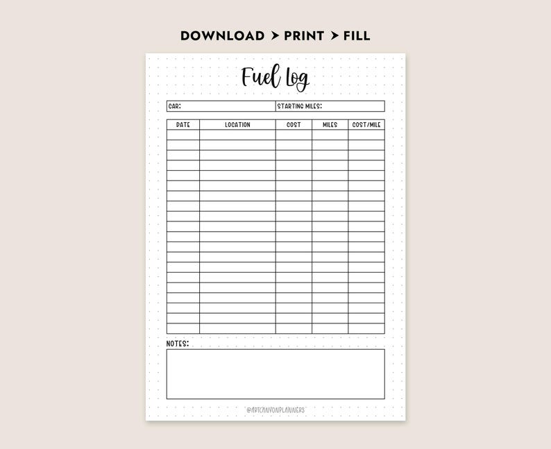 Printable Fuel Log A4/letter/a5 Gas & Mileage Tracker Car Maintenance ...