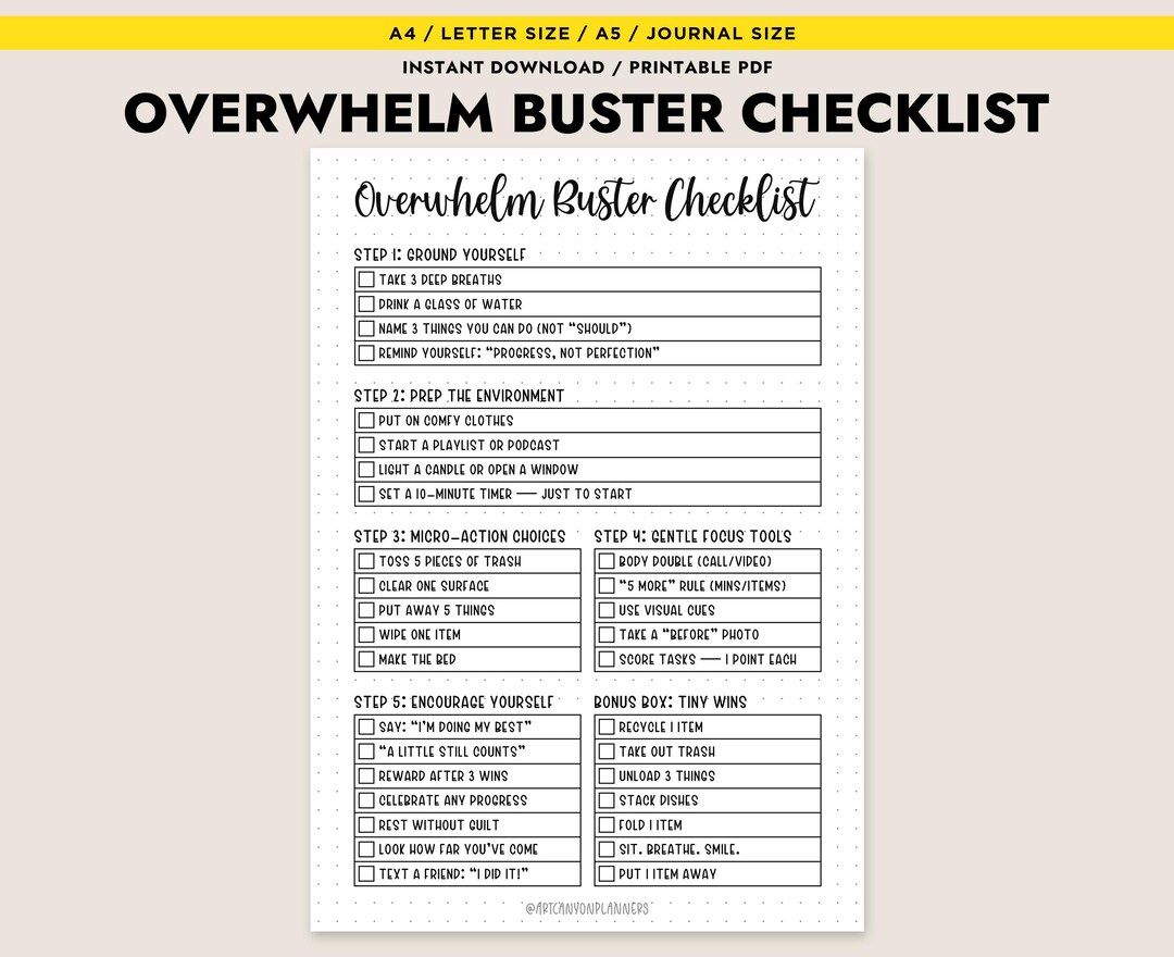 Overwhelm Buster Checklist Printable PDF for ADHD Anxiety Mental Health ...
