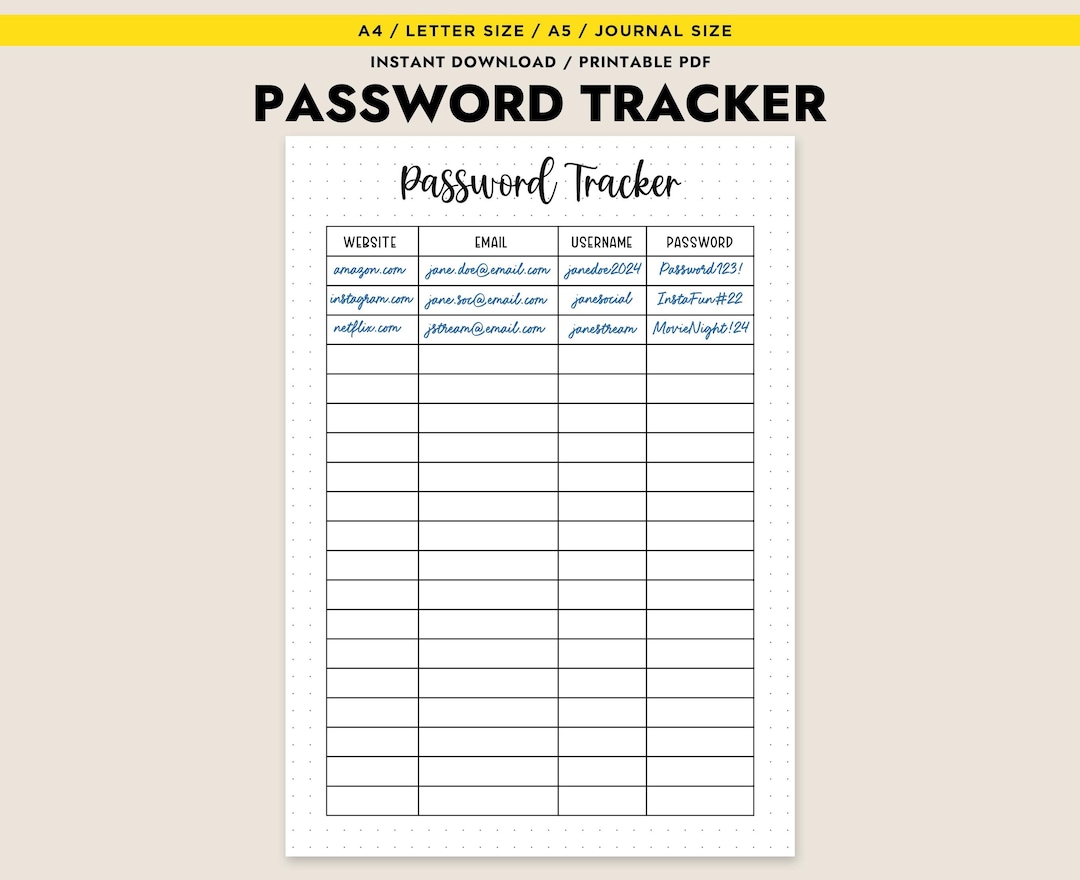Password Tracker Printable Journal Page Password Log Password Organizer ...