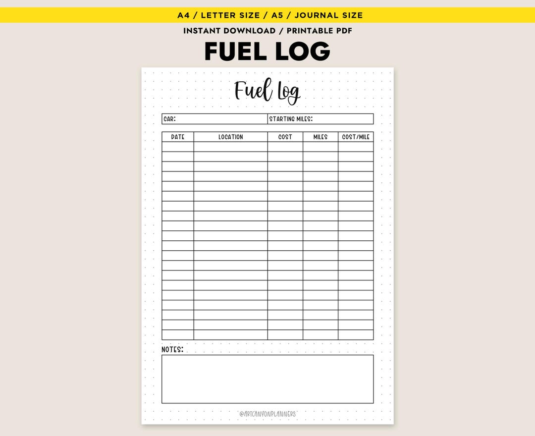 Printable Fuel Log A4/letter/a5 Gas & Mileage Tracker Car Maintenance ...