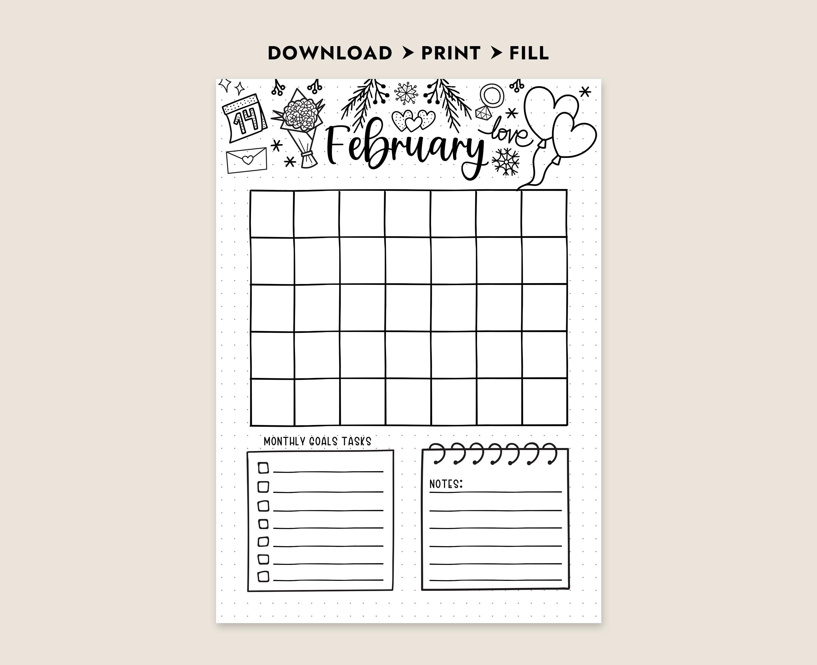 February Title Page Printable February Calendar Planner Coloring Cover ...