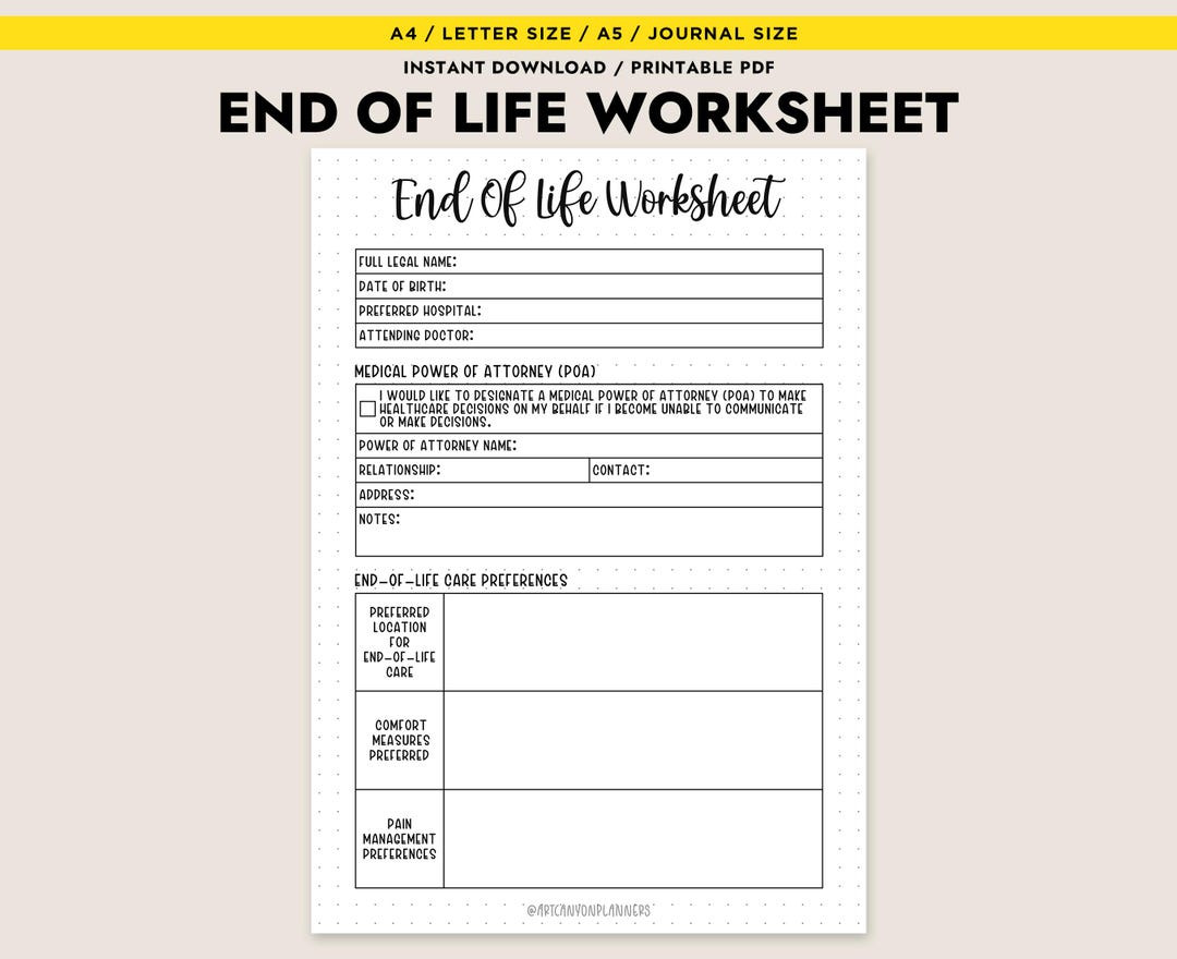End of Life Planner Worksheet Printable Advance Directive Medical POA ...