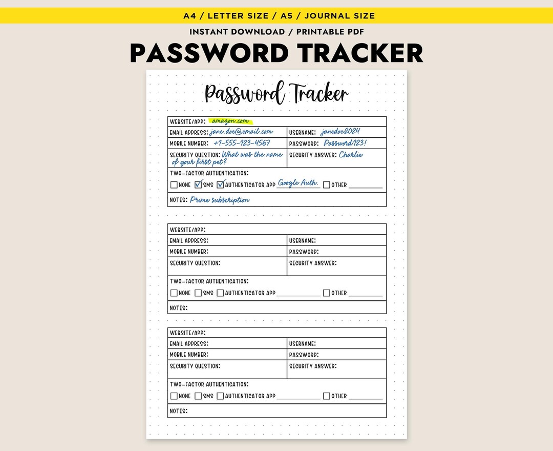 Password Tracker Printable Journal Page Password Log Password Organizer ...
