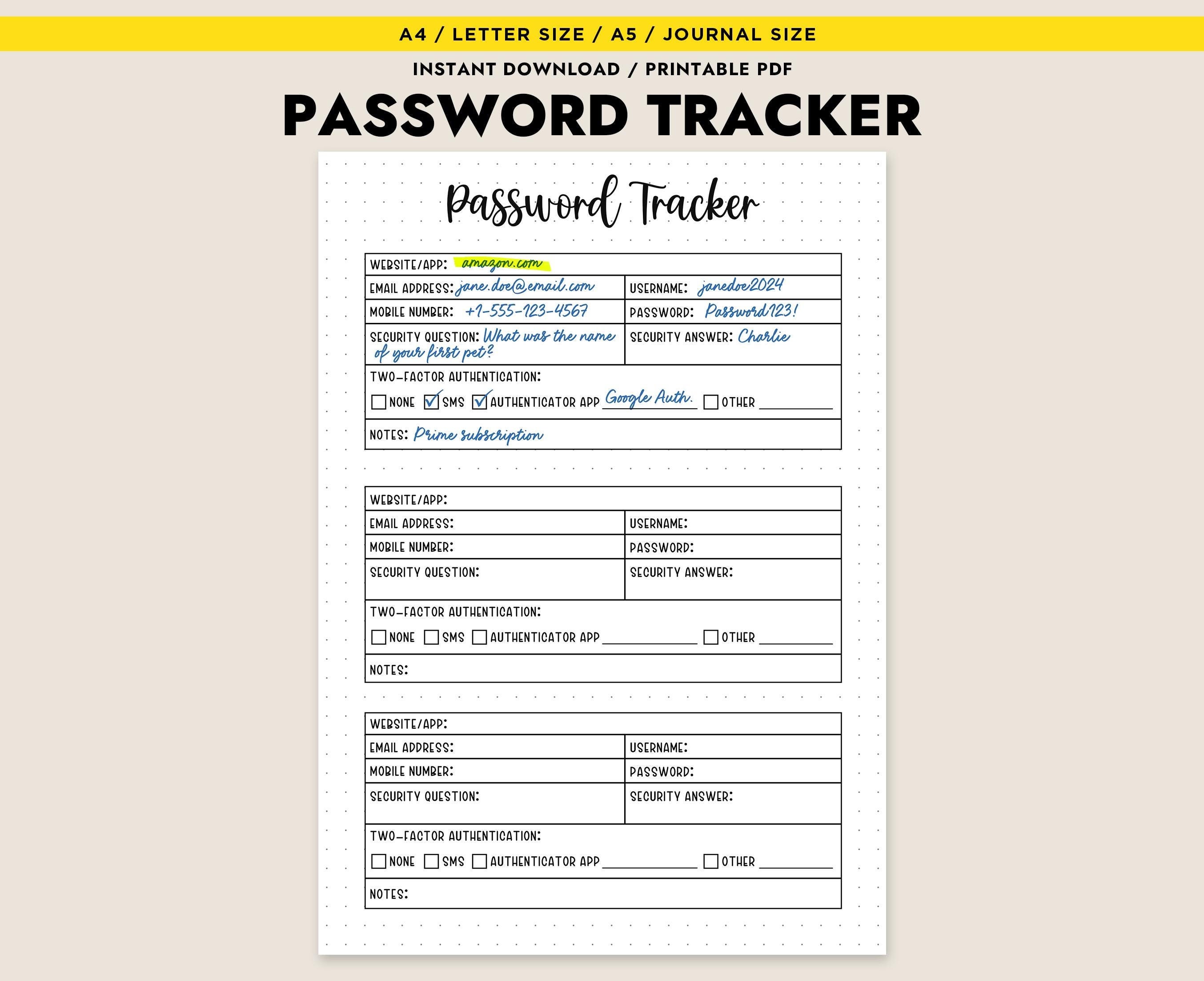 Password Tracker Printable Journal Page Password Log Password Organizer ...