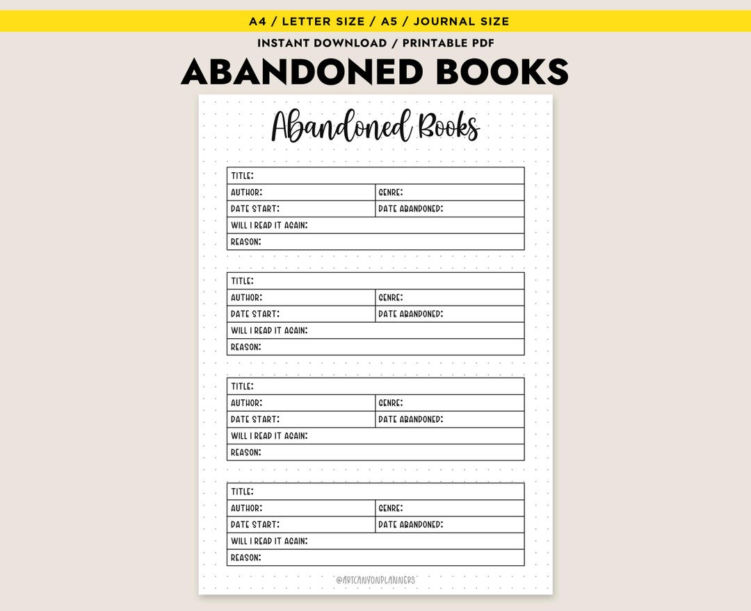 Abandoned Book Tracker Printable Reading Log DNF List Journal Insert A4 ...