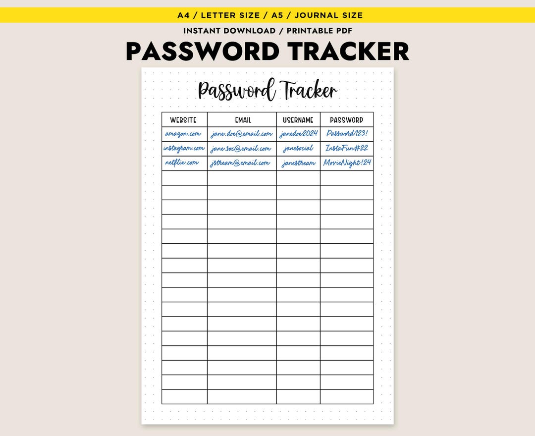 Simple Password Tracker Printable Website Login Log A4, A5, Letter ...