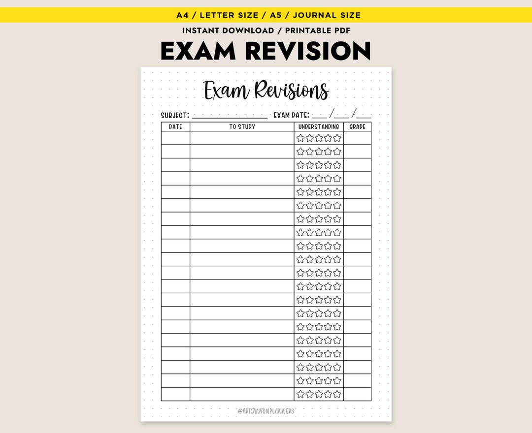 Exam Revisions Planner Printable Study Schedule Template A4 Letter A5 ...