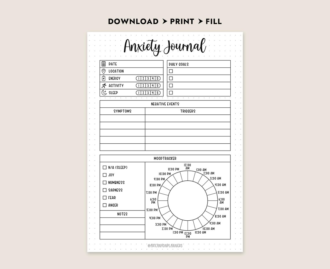Printable Anxiety Journal Daily Mood Symptom Trigger Tracker Mental ...