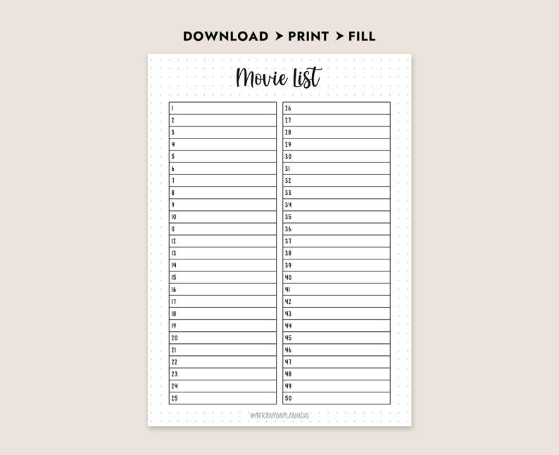 Movie List Printable Film Watchlist Tracker Hobby Journal Insert A4 A5 ...
