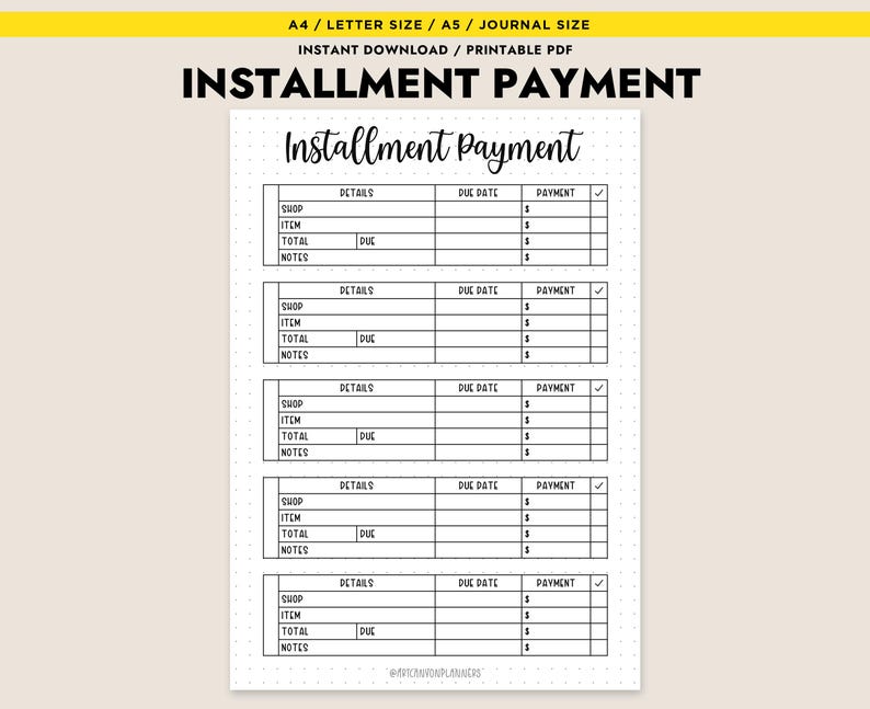 Printable Installment Payment Tracker A4 Letter A5 Bill Log Finance ...