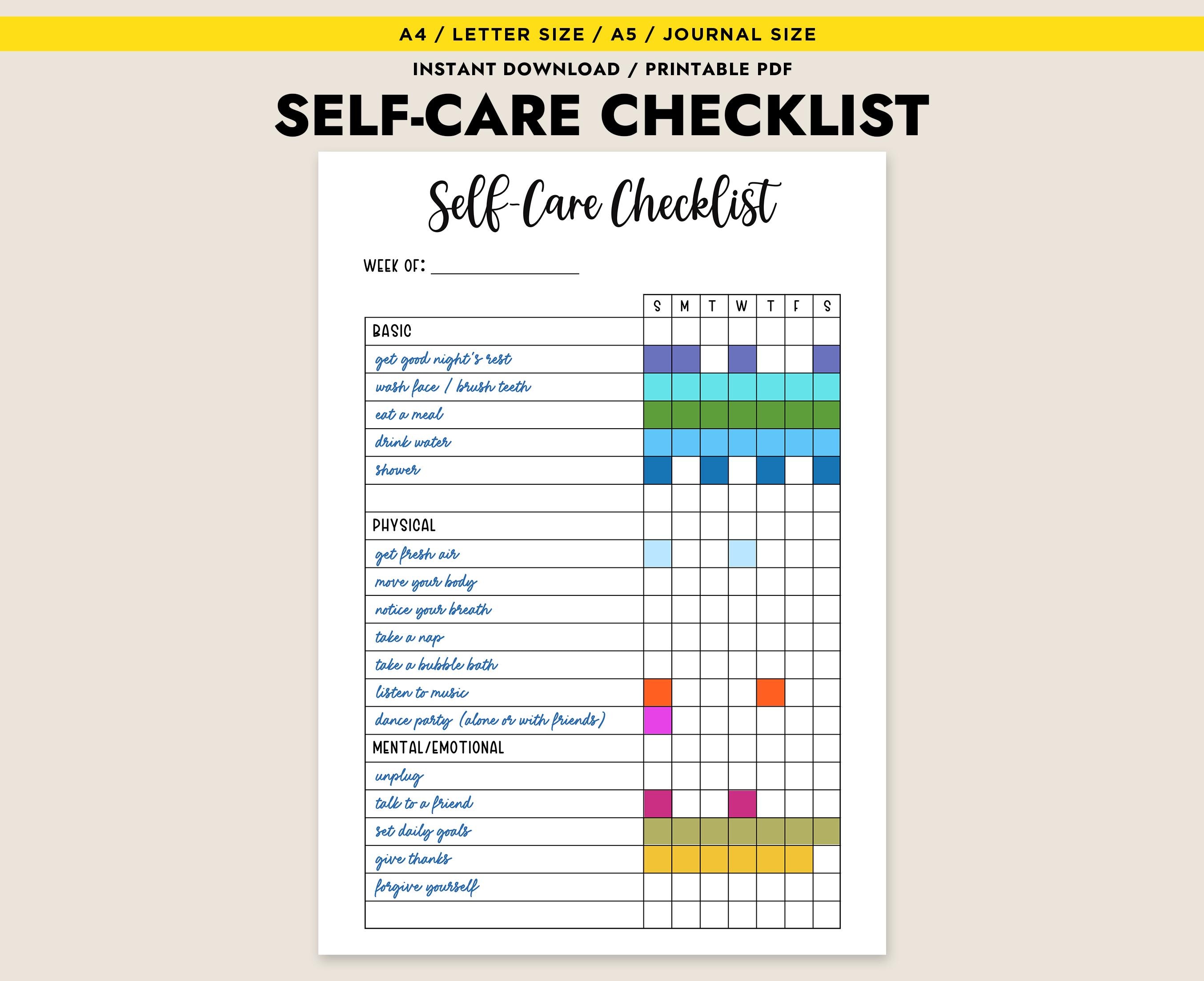 Weekly Self-care Checklist PDF Printable Workout Exercises Digital ...