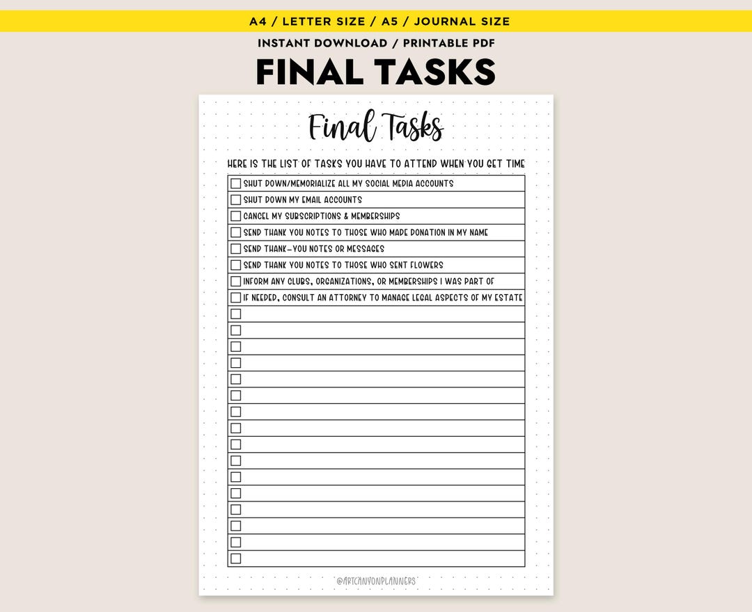 Final Tasks Checklist Printable End of Life Planner After Death ...