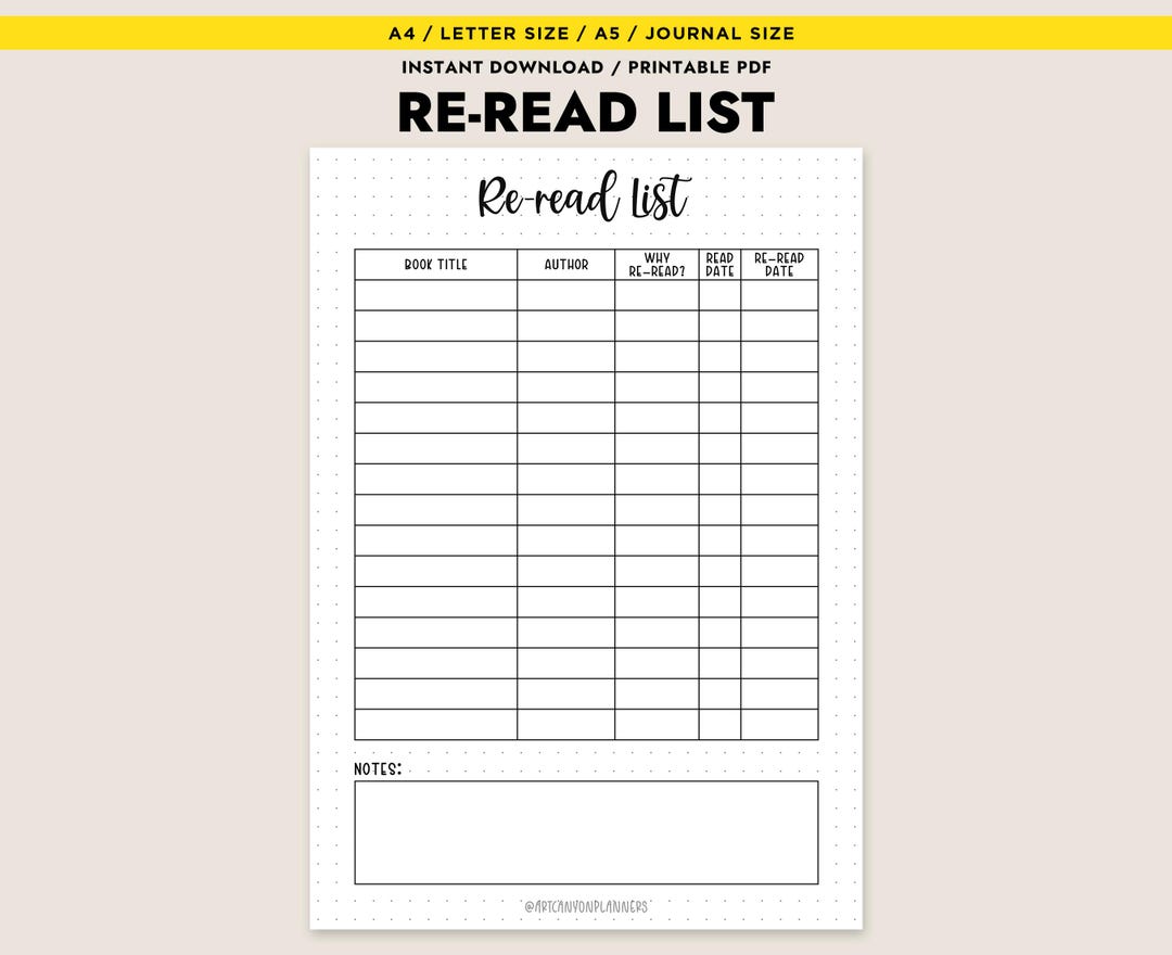 Re-read List Printable Reading Journal Page Book Tracker Bookworm ...