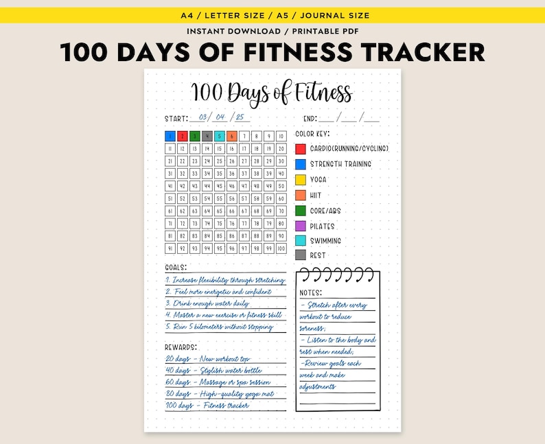 100 Day Challenge Tracker Printable Journal Page Planner Exercise ...