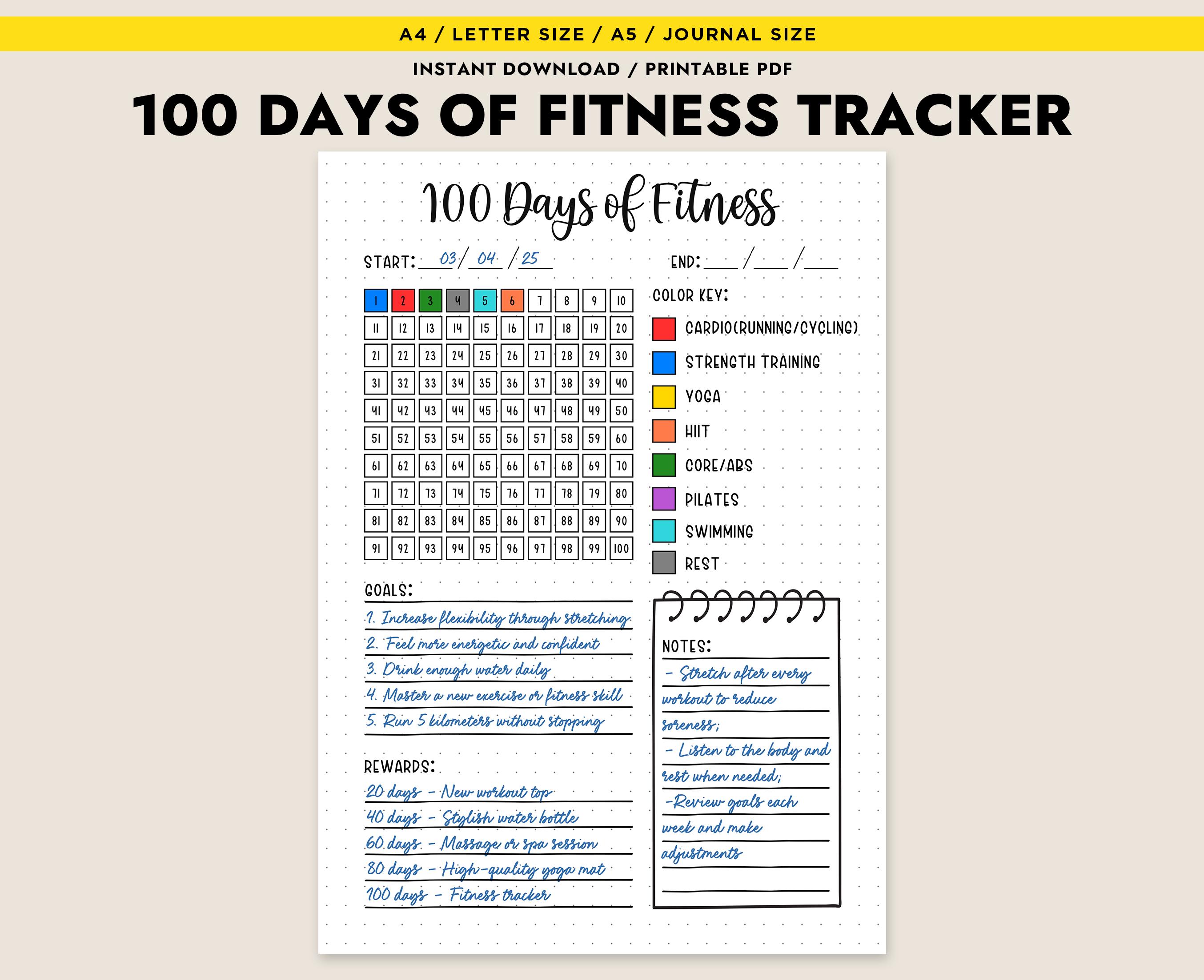 100 Day Challenge Tracker Printable Journal Page Planner Exercise ...