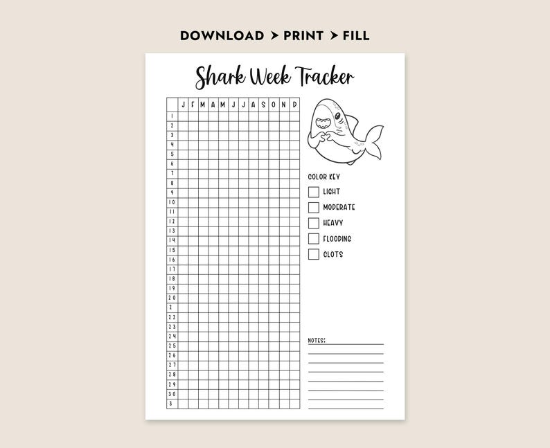 Shark Week Tracker Monthly Printable Planner Journal Page Menstruation ...