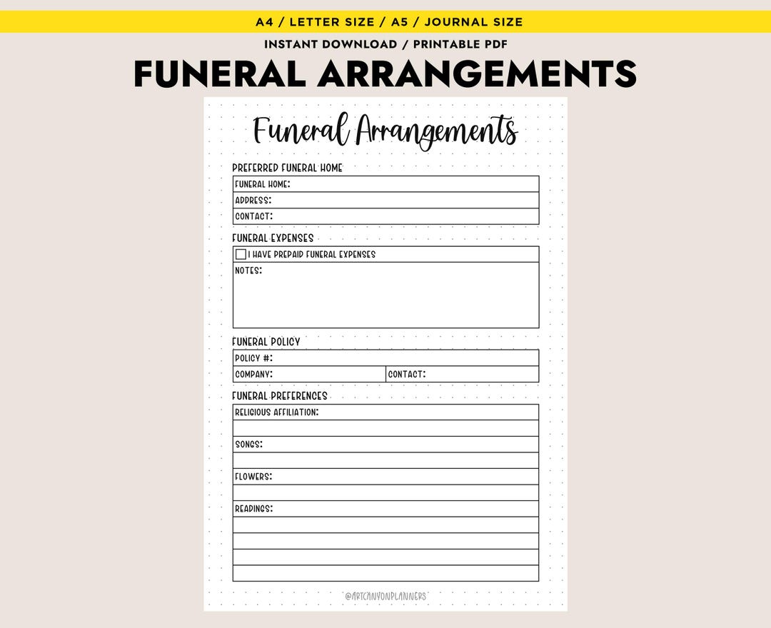Funeral Arrangements Planner Printable End of Life Organizer Last ...