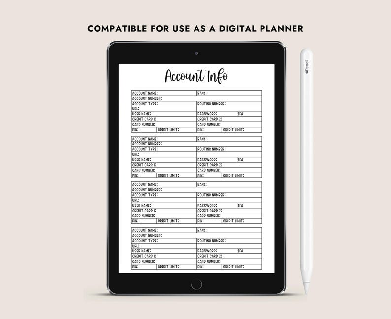 Printable Account Info Tracker Password Log Financial Organizer Insert ...