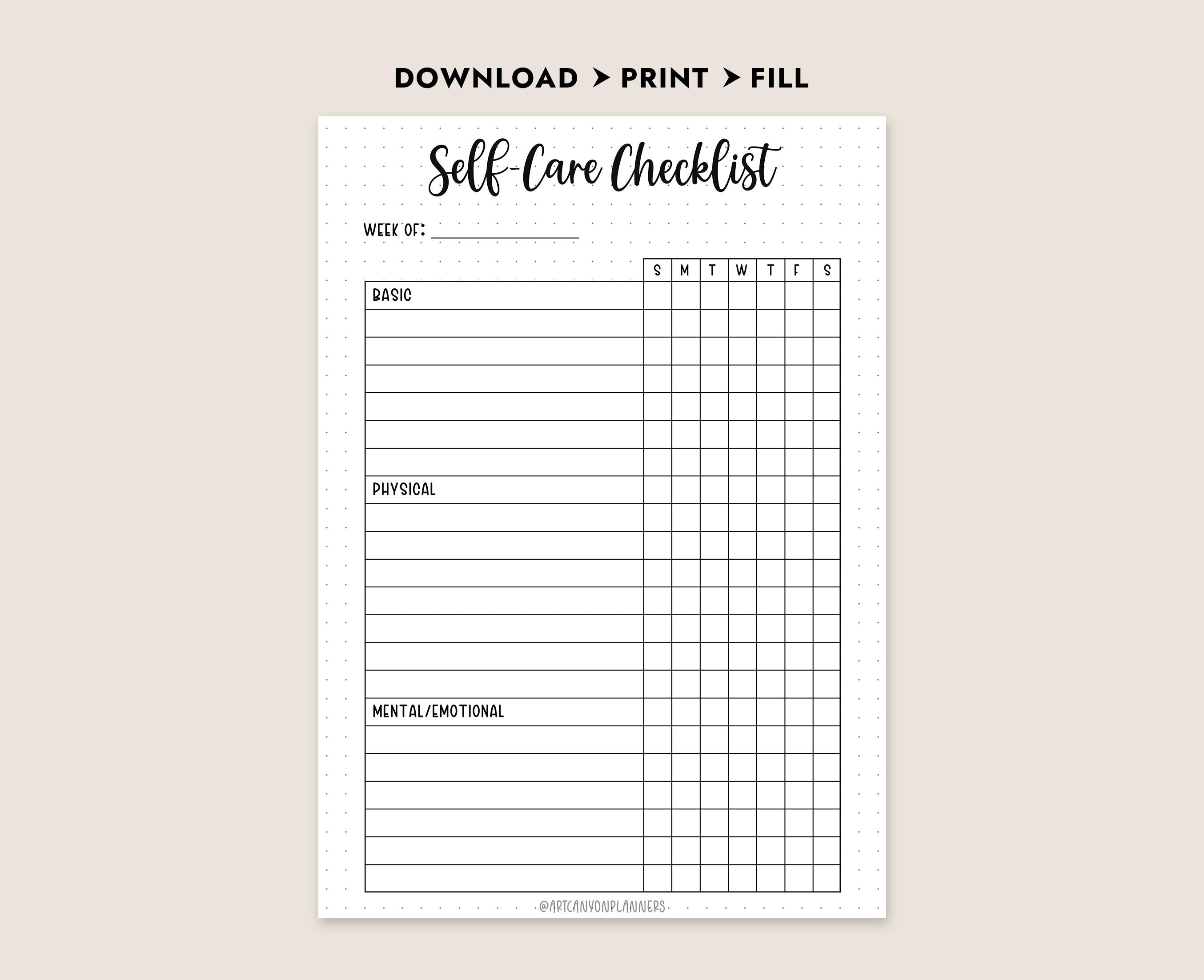 Weekly Self-care Checklist PDF Printable Workout Exercises Digital ...