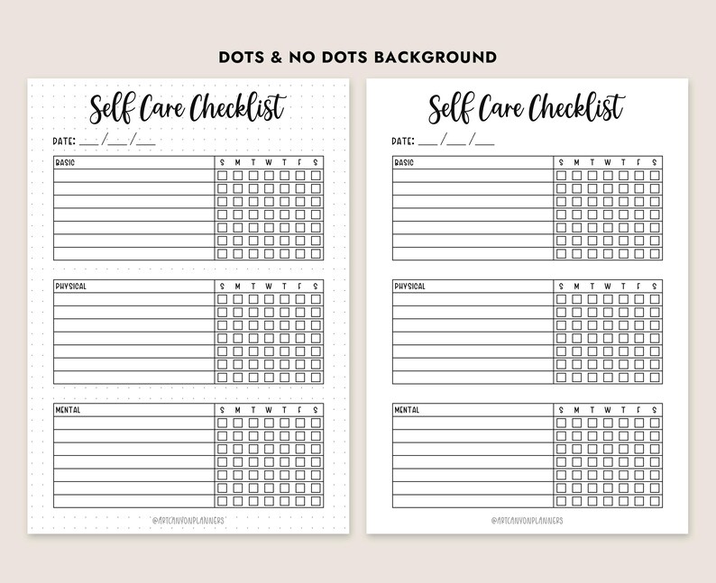 Weekly Self Care Checklist Printable Basic Physical Mental Wellness Log ...