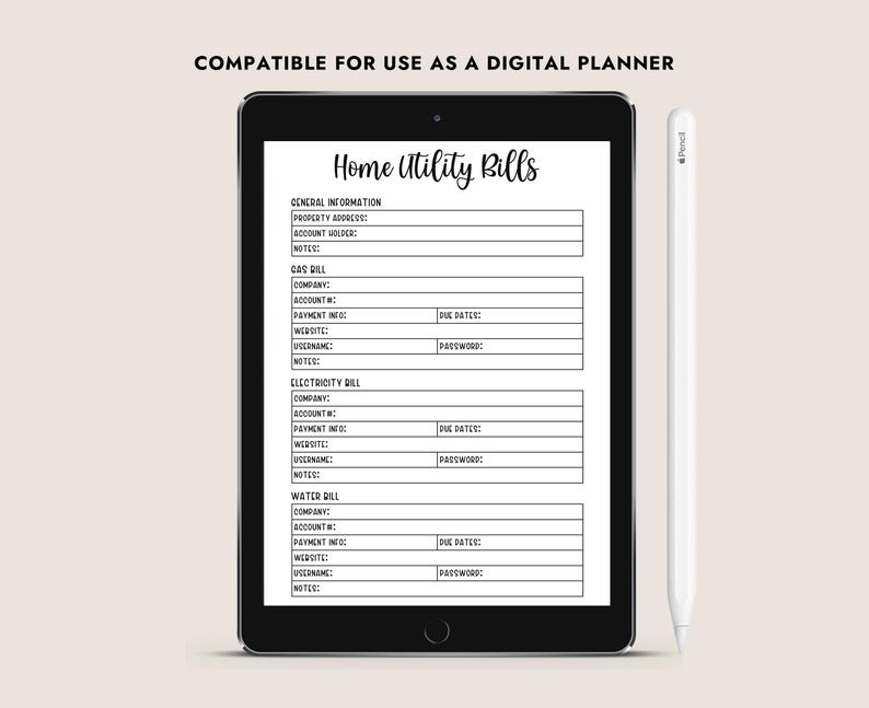 Home Utility Bill Tracker Printable Bill Organizer Planner Insert A4 A5 ...