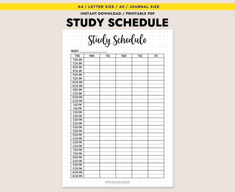 Study Schedule Printable Daily Weekly Planner Template A4 A5 Letter ...