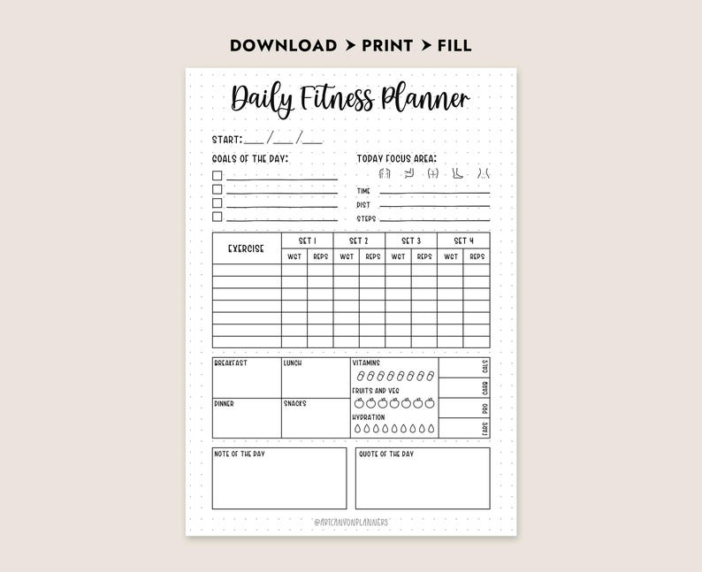 Daily Fitness Planner Printable Template Tracker Workout Exercises ...