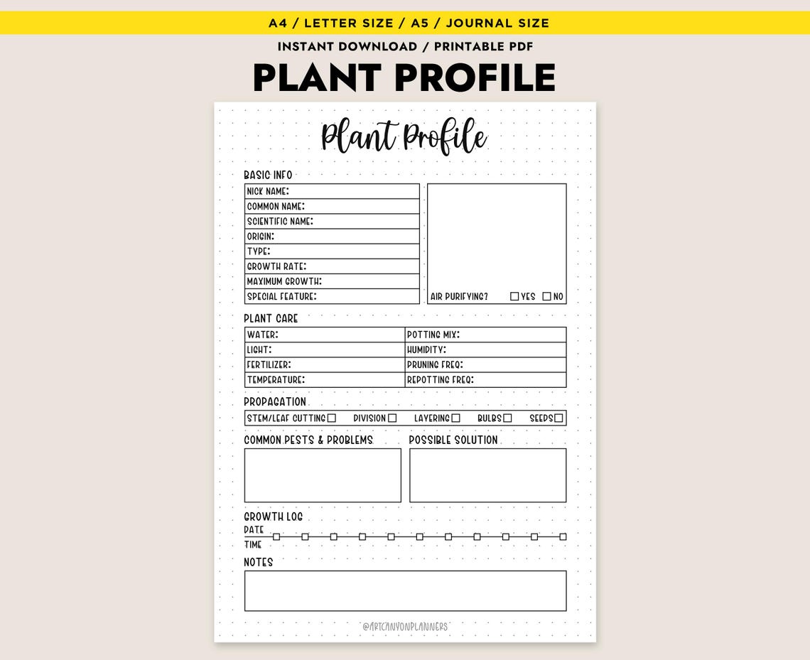 Plant Profile Printable Plant Care Journal Page A4 A5 Letter Instant ...