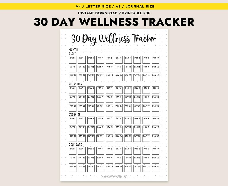 30 Day Wellness Tracker Printable A4 A5 Letter Journal Size Daily Self ...