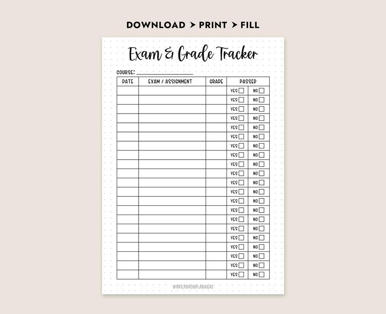 Exam Grade Tracker Printable Student Planner Page Academic Score Log A4 ...