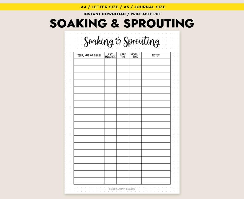 Soaking and Sprouting Chart Printable Seed Tracker Log Sprouting Guide ...