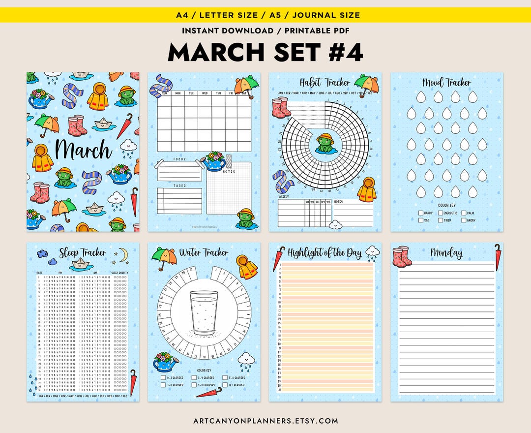 March Planner Calendar Cover Title Page Printable Inserts Bullet ...