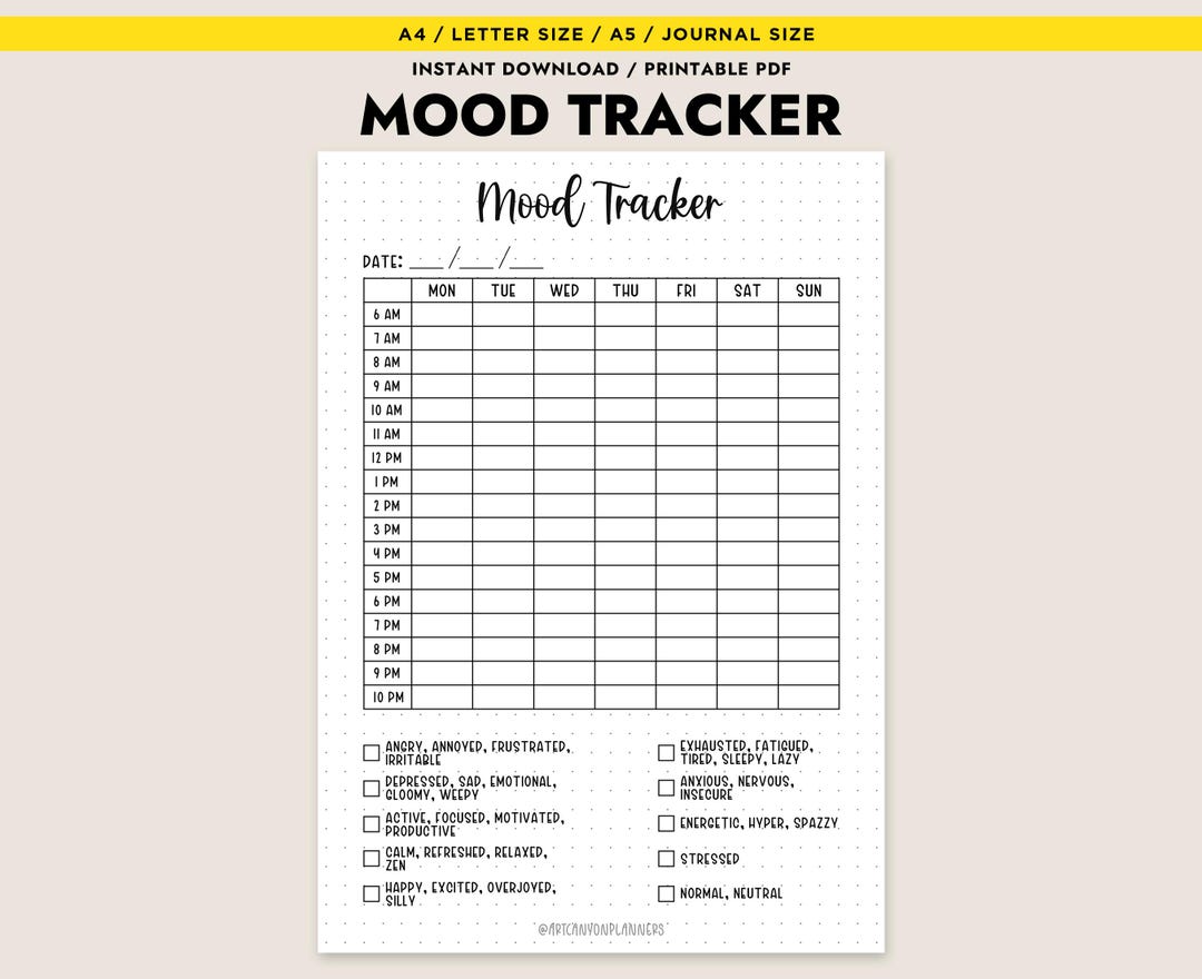 Weekly Mood Tracker Printable Hourly Mental Health Log Feelings Chart ...