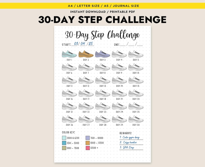 30 Day Step Challenge Tracker Printable Journal Page Planner Exercise Tracker Fitness Game ...